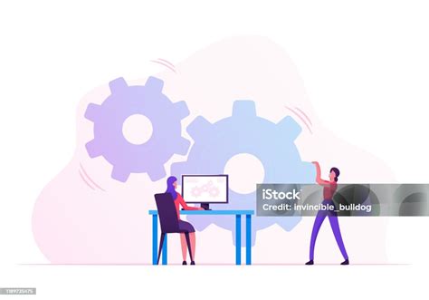 손으로 거대한 톱니 바퀴 메커니즘을 움직이는 여성 Pc 화면에 컴퓨터 관리 프로세스와 책상에 앉아 사업가 비즈니스의 개발 및 혁신 만화 플랫 벡터 일러스트 개발에 대한 스톡