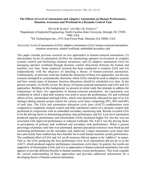 Pdf The Effects Of Level Of Automation And Adaptive Automation On Human Performance Situation