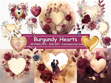 Watercolor Burgundy And Gold Heart Frames 35 Png  Clipart Digital