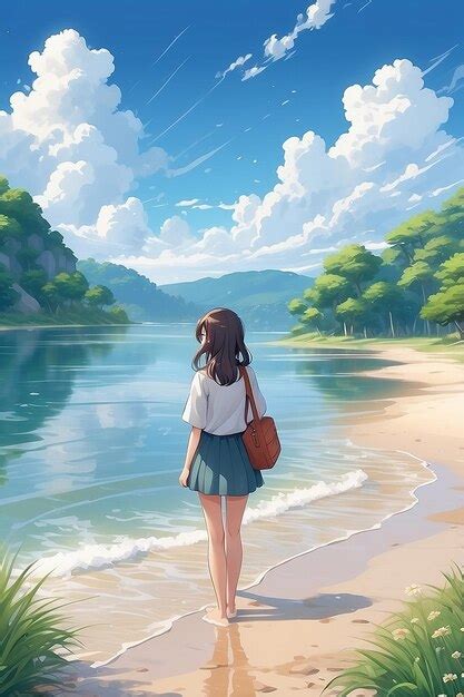 Anime Girl On The Beach Enjoying Landscape With Lake And Clouds