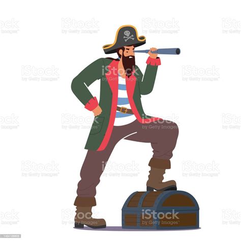 스파이글래스와 함께 해적은 거리를 들여다 봅니다 강도는 졸리 로저와 트렁크에서 전리품과 함께 의상과 조종 모자를 착용 해적에