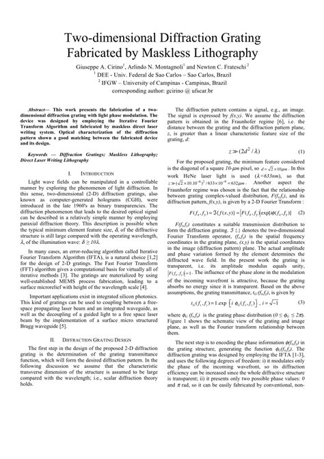 Pdf Two Dimensional Diffraction Grating Fabricated By Maskless Lithography
