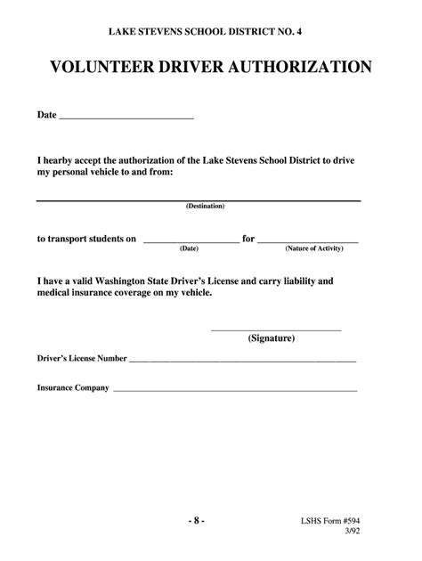 Fillable Online Lkstevens Wednet 4 Volunteer Driver Authorization Date