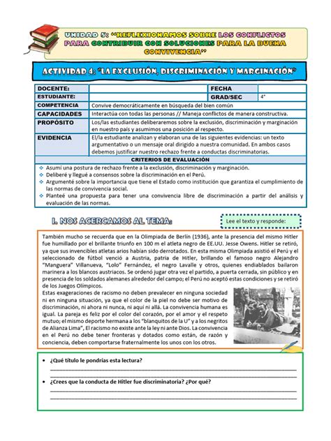 Ficha De Dpcc 4° La Exclusión Discriminación Y Marginación Pdf