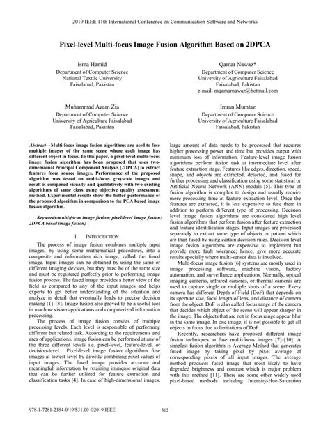 pdf pixel level multi focus image fusion algorithm based on 2dpca