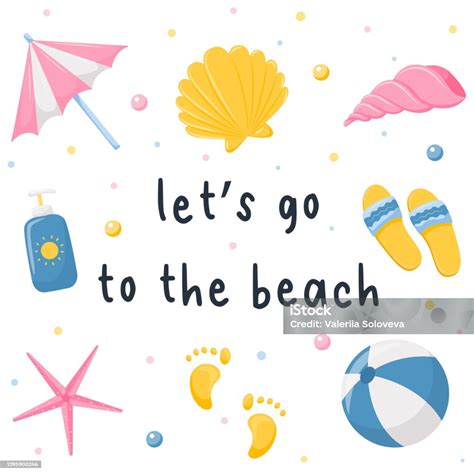 조개 우산 해변 물건이있는 여름 엽서 사각형 카드 단어가있는 옷 인쇄 해변에 가자 흰색 배경에 플랫 만화 스타일의 벡터 일러스트레이션 가방에 대한 스톡 벡터 아트 및 기타