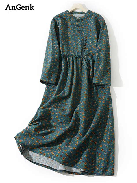 여성용 코튼 린넨 빈티지 플로럴 프린트 드레스 2022 봄 가을 캐주얼 루즈 롱 드레스 우아한 여성 의류 Aliexpress