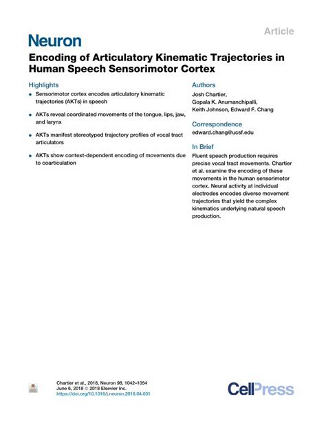 Pdf Encoding Of Articulatory Kinematic Trajectories In Human Speech