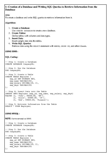 Dbms Lab Practical Guide To Sql Queries And Database Management Studocu