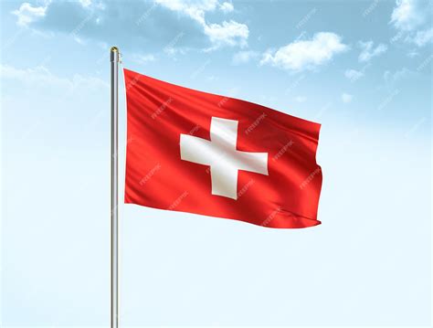Bandera Nacional De Suiza Ondeando En El Cielo Azul Con Nubes Bandera