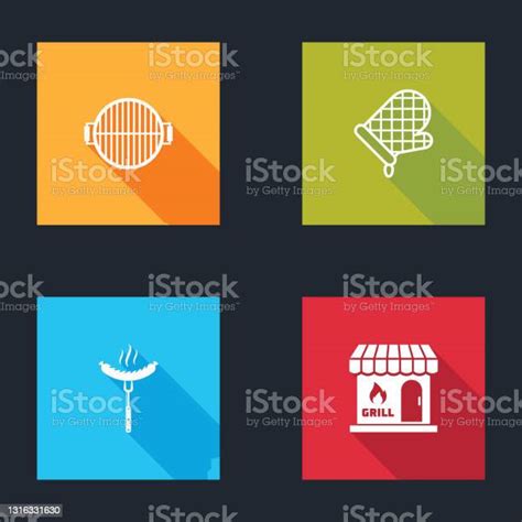 세트 바베큐 그릴 오븐 장갑 포크와 쇼핑 건물 아이콘에 소시지 벡터 검은색에 대한 스톡 벡터 아트 및 기타 이미지 검은색 고기 굽기 Istock