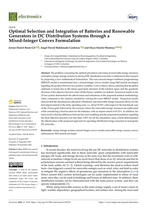 Pdf Optimal Selection And Integration Of Batteries And Renewable Generators In Dc Distribution