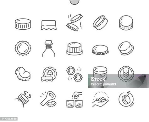 병 뚜껑 플라스틱 캡을 재사용하십시오 다양한 유형의 캡 픽셀 완벽한 벡터 얇은 선 아이콘입니다 간단한 최소 픽토그램 뚜껑에 대한 스톡 벡터 아트 및 기타 이미지 Istock