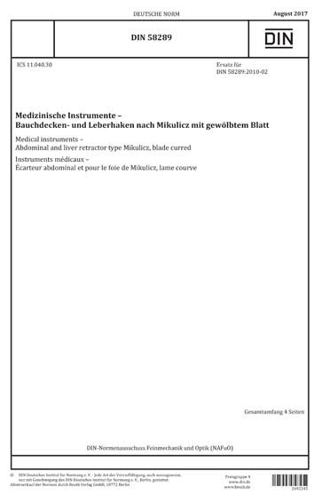 DIN 58289:2017 DE - Medizinische Instrumente - Bauchdecken- und ...