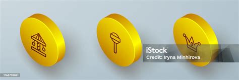 세트 아이소 메트릭 라인 어트랙션 회전 목마 롤리팝 및 종 아이콘과 광대 모자 벡터 3차원 형태에 대한 스톡 벡터 아트 및 기타 이미지 3차원 형태 공휴일 끈적거리는