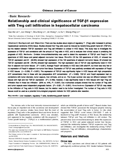 Pdf Relationship And Clinical Significance Of Tgf Beta1 Expression