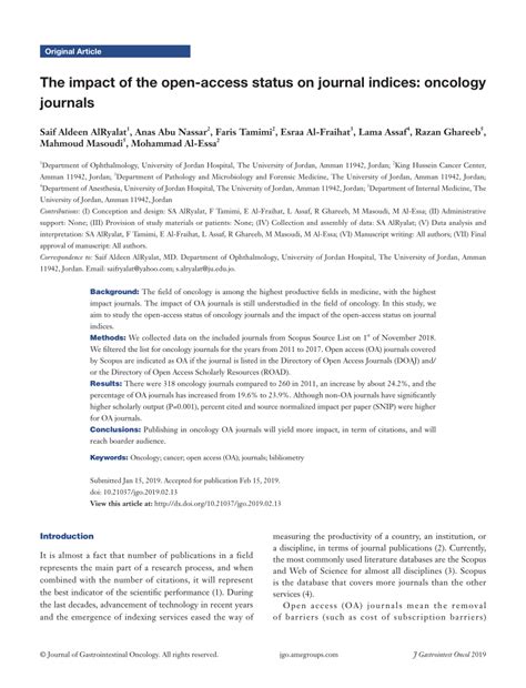 Pdf The Impact Of The Open Access Status On Journal Indices Oncology Journals