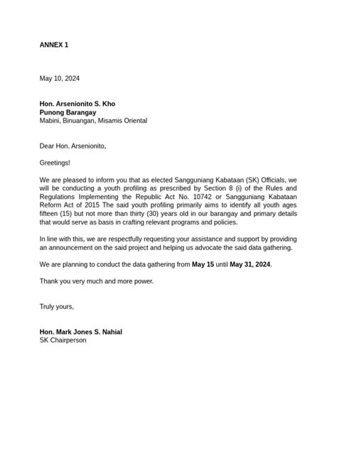 Kk Profiling Punong Barangay Letter Pdf