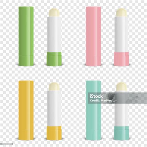 벡터 현실적인 3d 빈 폐쇄 하 고 열린 립 밤 스틱 세트그린 핑크 오렌지 블루 클로 우즈 업 투명 한 배경에 고립 화장품 포장 립스틱 이랑에 대 한 디자인 서식 파일