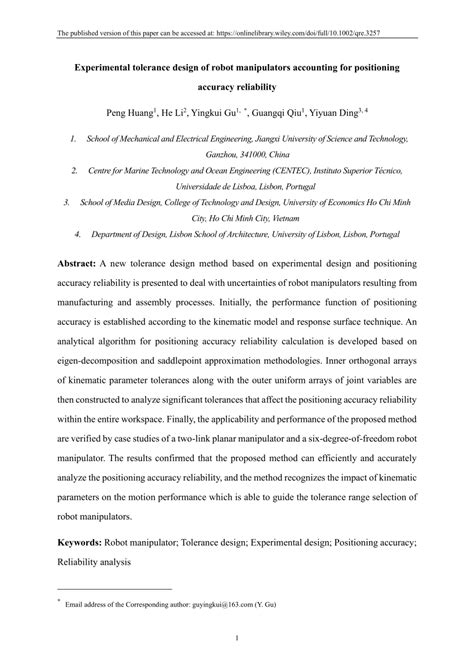 Pdf Experimental Tolerance Design Of Robot Manipulators Accounting For Positioning Accuracy