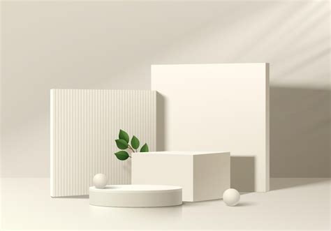 추상 3d 배경 녹색 잎과 파티션이 있는 현실적인 단계 베이지색 라운드 큐브 받침대 연단 프리미엄 벡터