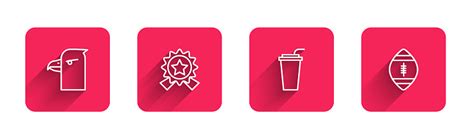 세트 라인 독수리 머리 별이 있는 메달 종이 유리 빨대 긴 그림자가 있는 미식 축구 공 빨간색 사각형 버튼입니다 벡터 공 스포츠 장비에 대한 스톡 벡터 아트 및 기타 이미지