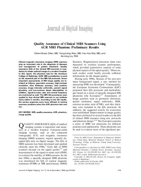 Pdf Quality Assurance Of Clinical Mri Scanners Using Acr Mri Phantom