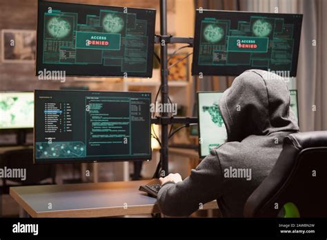 back view of male hacker wearing hoodie while doing cyberterrorism