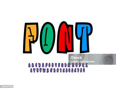 낙서 긴 만화 글꼴 만화 스타일의 알파벳 좁은 대문자와 숫자 벡터 일러스트 레이 션 10eps 공기 주입에 대한 스톡 벡터 아트