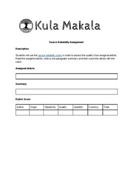 Source Reliability Assessment By Kula Makala Teachers Pay Teachers