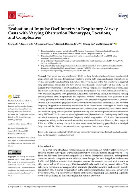 Pdf Evaluation Of Impulse Oscillometry In Respiratory Airway Casts With Varying Obstruction