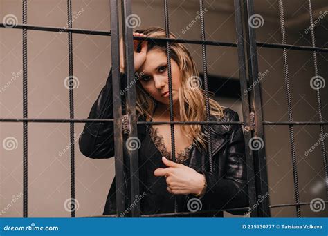 Young Woman Stands Behind Bars Disappointment Sadness Concept Adolescence Addiction Problems