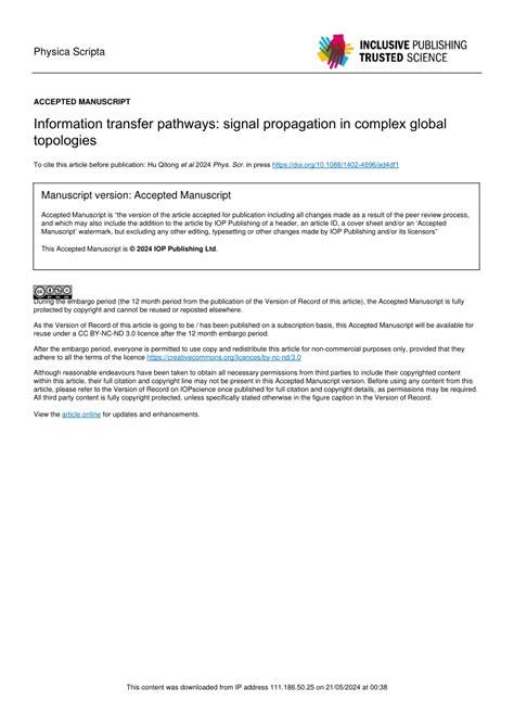 Pdf Information Transfer Pathways Signal Propagation In Complex Global Topologies