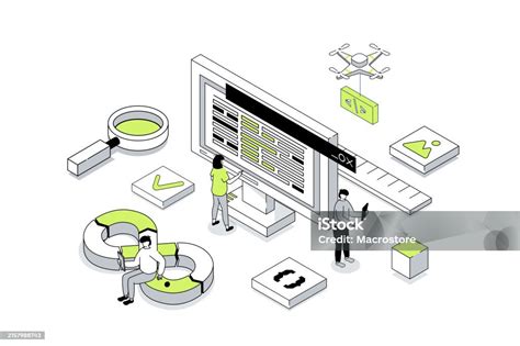 웹용 아웃라인 아이소메트리 설계의 devops 3d 아이소메트릭 개념 팀으로 의사 소통하고 제품 및 지원 프로그래밍을 위한