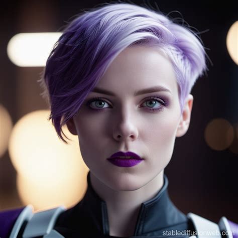 An Androgynous Android With Pale Skin And Short Purple Hair Prompts