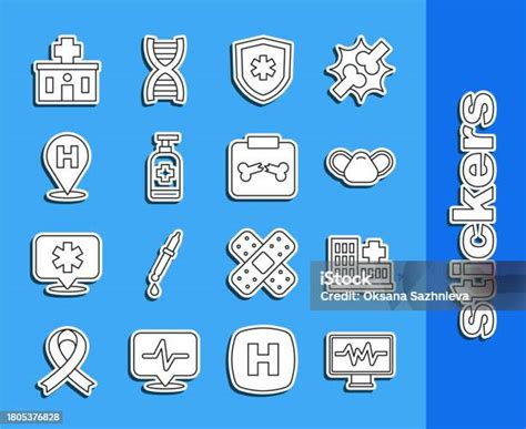 심장 검사 병원 건물 의료 보호 마스크 생명 보험 항균 비누 위치 병원 및 X선 주사 부러진 뼈 아이콘이 있는 라인 모니터를 설정합니다 벡터 0명에 대한 스톡 벡터 아트 및