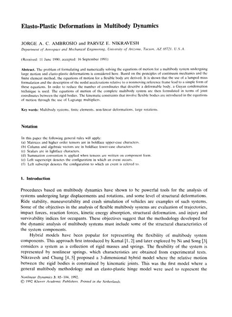 Pdf Elasto Plastic Deformations In Multibody Dynamics