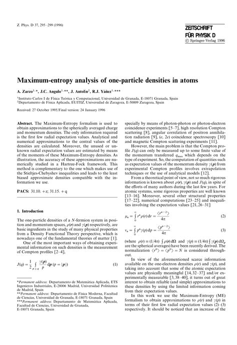 PDF Maximum Entropy Analysis Of One Particle Densities In Atoms