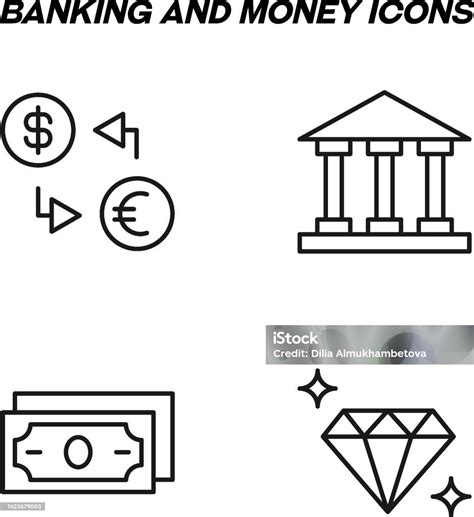 검은 색 얇은 선으로 그려진 단색 고립 된 기호 상점 상점 광고에 적합합니다 달러와 유로 교환 법원 은행 돈 통화 다이아몬드의 표시가있는 벡터 아이콘 세트 개념에 대한 스톡