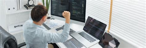 Software Development Concept Male Programmer Excited And Raise Arms After Successful