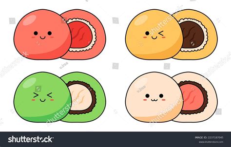 Kawaii Mochi Set Smiling Face Pink Stock Vector Royalty Free