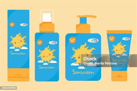 어린이용 자외선 차단제 제품 세트 귀여운 태양을 가진 디자인 Spf 50 크림 스프레이 로션 우유 벡터 일러스트 레이 션 0명에