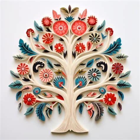Folk Art Tree Carving On White Background Stock Illustration