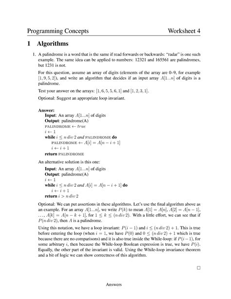 Answer Sheet For Worksheet 4 Programming Concepts Worksheet 4 1 Algorithms A Palindrome Is A