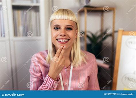 Blonde Woman Showing Sing Language Stock Image Image Of Gesturing
