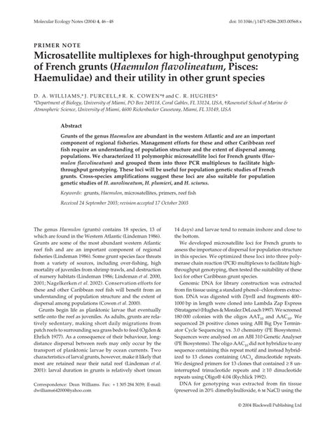Pdf Microsatellite Multiplexes For High Throughput Genotyping Of French Grunts Haemulon