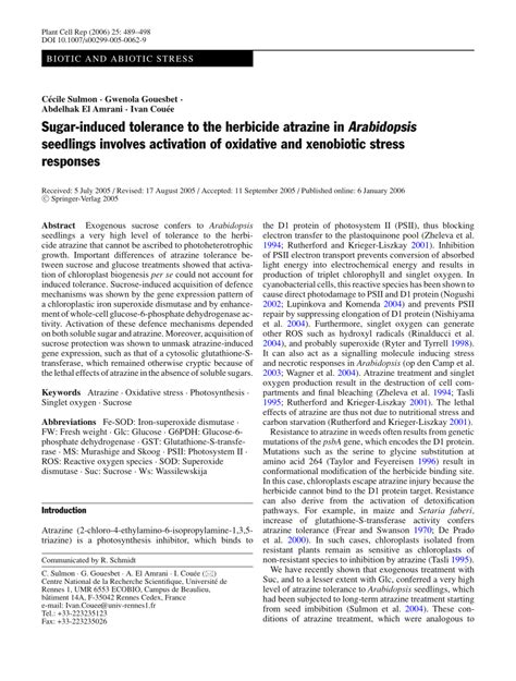 Pdf Sugar Induced Tolerance To The Herbicide Atrazine In Arabidopsis Seedlings Involves