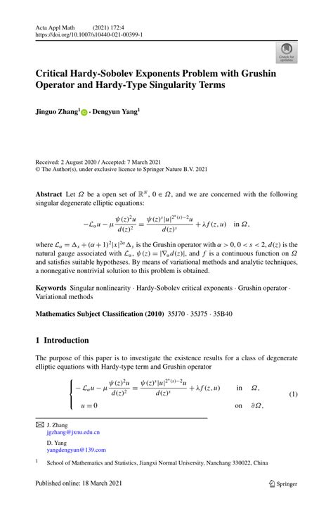 Pdf Critical Hardy Sobolev Exponents Problem With Grushin Operator And Hardy Type Singularity