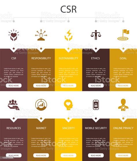 Csr 인포그래픽 10 옵션 Ui 디자인책임 지속 가능성 윤리 목표 간단한 아이콘 도덕성에 대한 스톡 벡터 아트 및 기타 이미지
