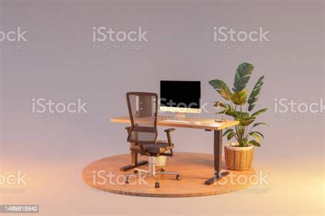 조정 가능한 책상과 식물이 있는 나무 연단에 있는 단일 격리된 컴퓨터 작업 공간 프리랜서 및 홈 오피스 개념 3d 일러스트레이션 0명에 대한 스톡 사진 및 기타 이미지